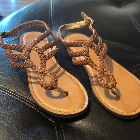 all man made | Shoes | Tan Braided Strappy Sandals With Thong Design ...